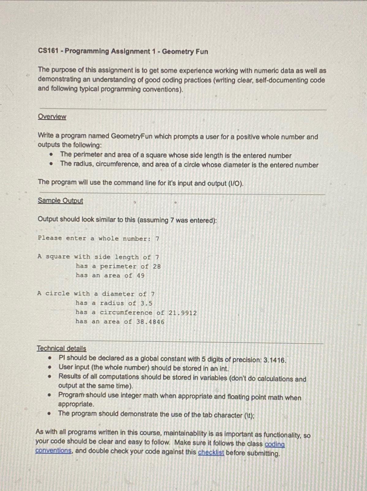 Solved CS161 - ﻿Programming Assignment 1 - ﻿Geometry FunThe | Chegg.com