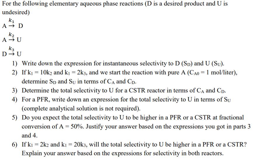 For the following elementary aqueous phase reactions | Chegg.com
