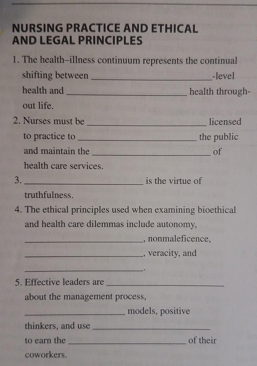 Solved NURSING PRACTICE AND ETHICAL AND LEGAL PRINCIPLES 1. | Chegg.com