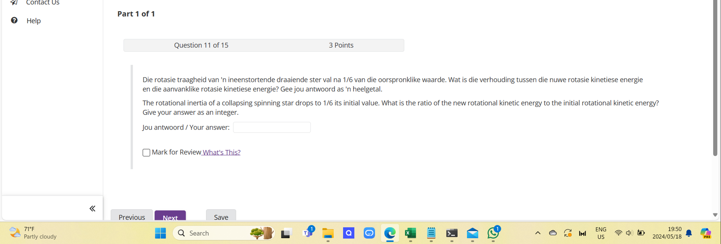 Solved Question 11 ﻿of 153 ﻿PointsDie rotasie traagheid van | Chegg.com