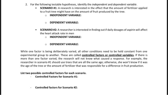 Solved 2. For the following testable hypotheses, identify | Chegg.com
