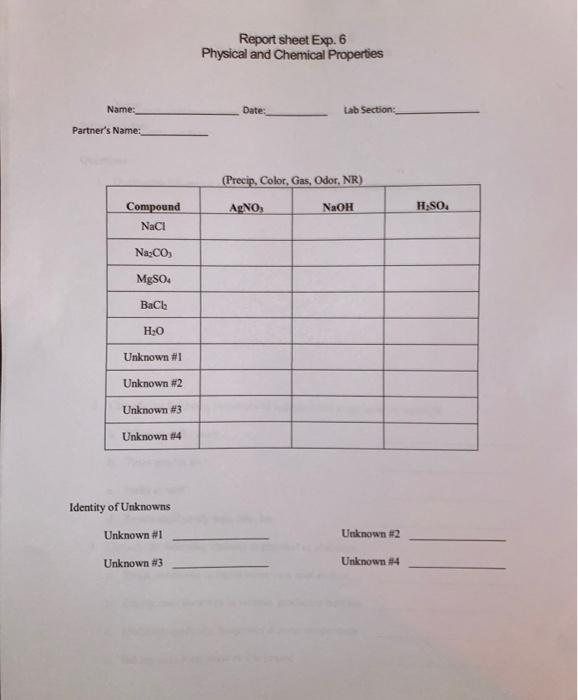 Solved Report sheet Exp. 6 Physical and Chemical Properties | Chegg.com