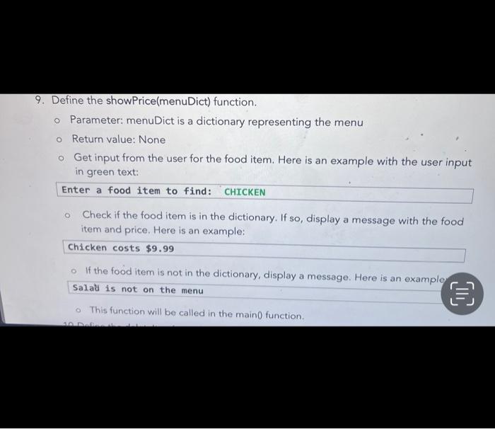 Solved Define the showPrice(menuDict) function. Parameter: | Chegg.com