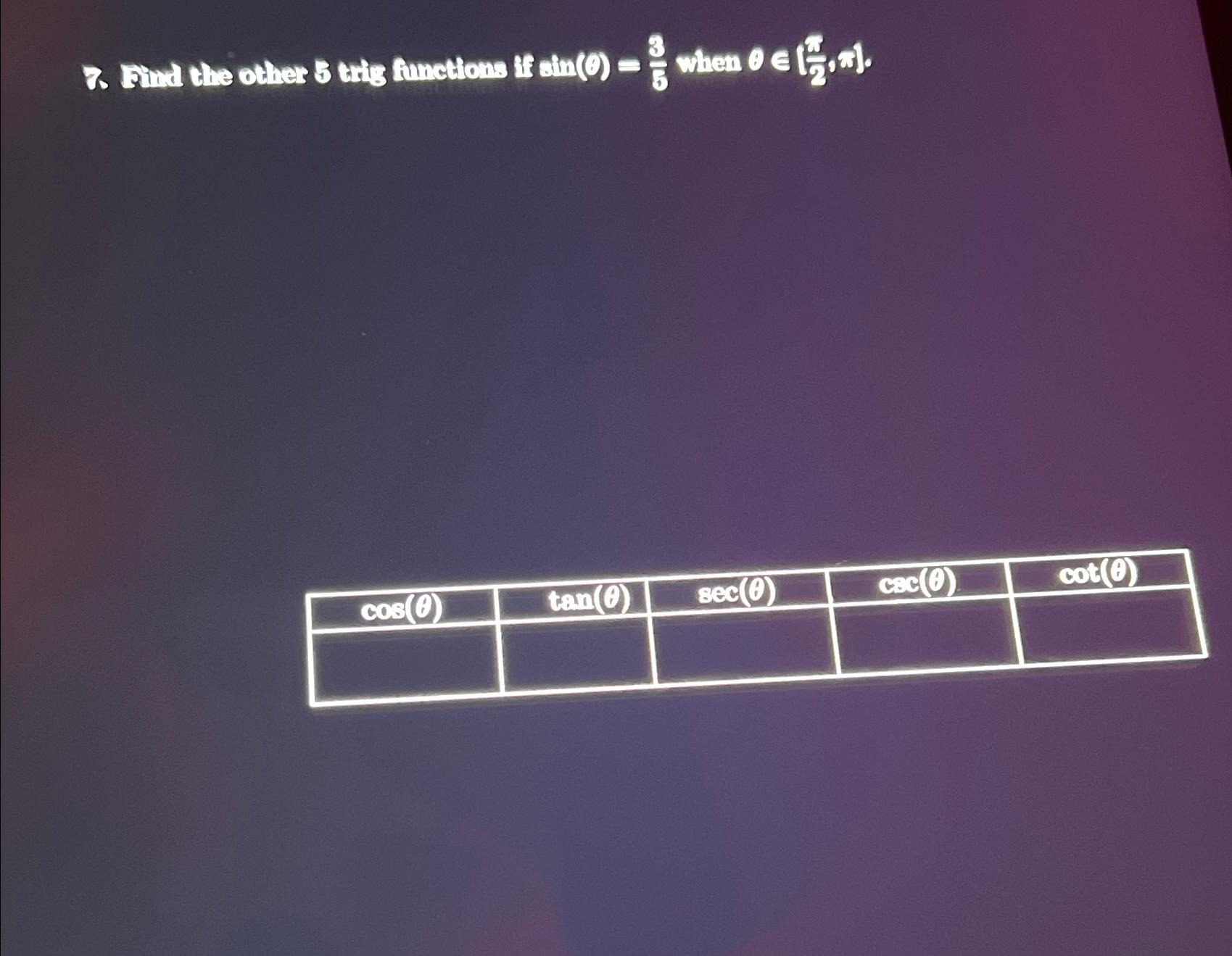 Solved Find the other 5 ﻿tris functions it sin(θ)=35 ﻿when | Chegg.com