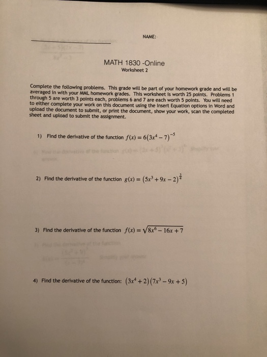 Solved NAME: MATH 1830-Online Worksheet 2 Complete the | Chegg.com