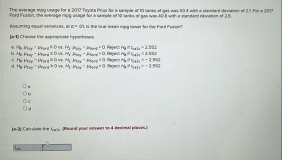 The average mpg usage for a 2017 ﻿Toyota Prius for a | Chegg.com