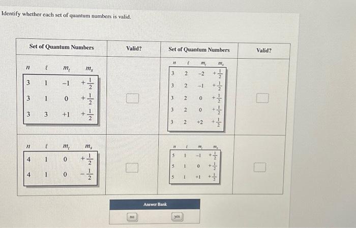 Solved Identify whether each set of quantum numbers is | Chegg.com