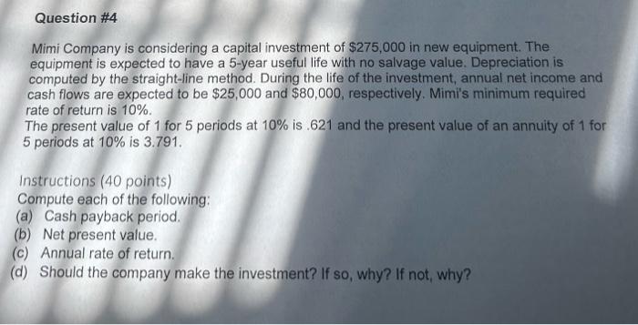 Mimi Company is considering a capital investment of | Chegg.com