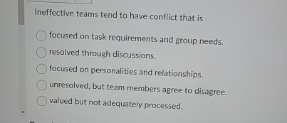 Solved Ineffective teams tend to have conflict that | Chegg.com