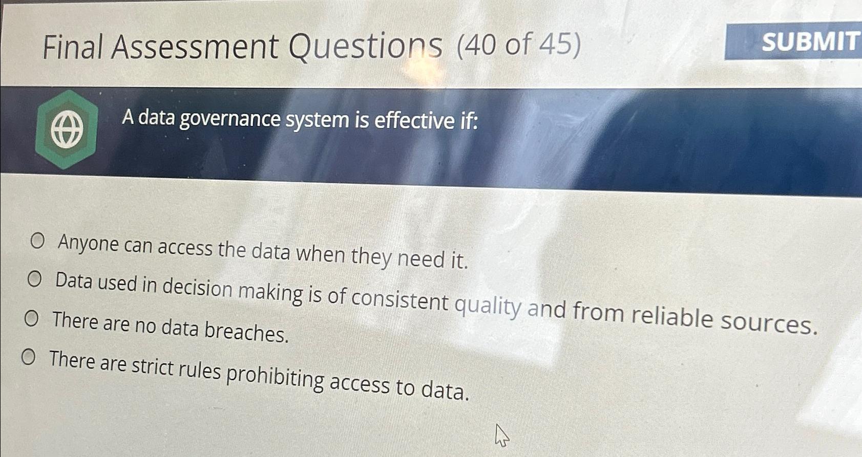 Solved Final Assessment Questions (40 ﻿of 45)SUBMITA data | Chegg.com