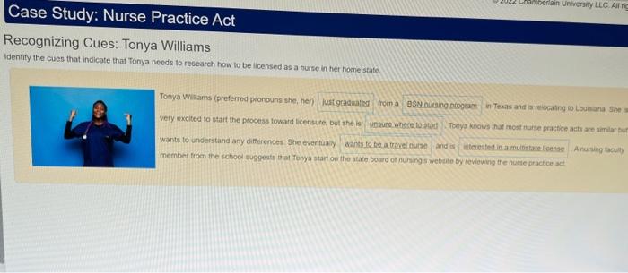 Solved Recognizing Cues: Tonya Williams identify the cues | Chegg.com