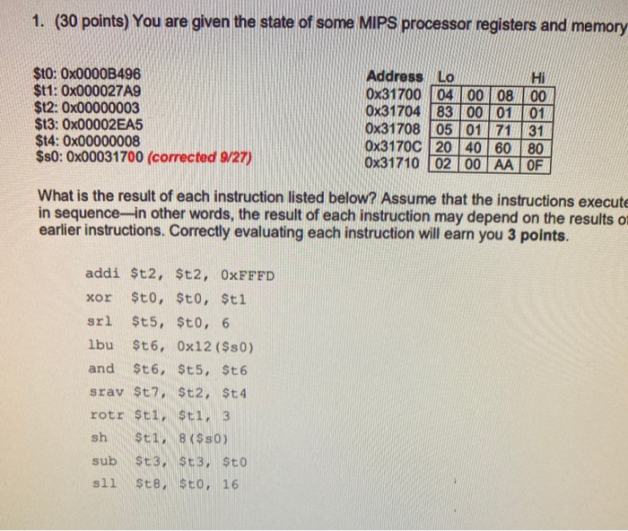 Solved 1. (30 points) You are given the state of some MIPS | Chegg.com