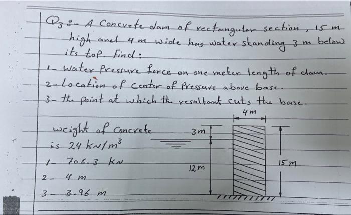 Solved C3:− A Concrete dam of rectangular section, 15 m high | Chegg.com