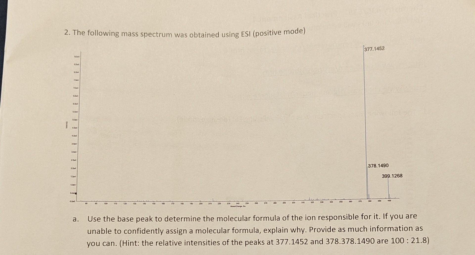Solved 2. The following mass spectrum was obtained using ESI | Chegg.com