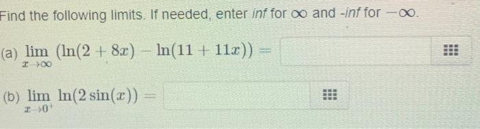 Solved Find the following limits. If needed, enter inf for ∞ | Chegg.com