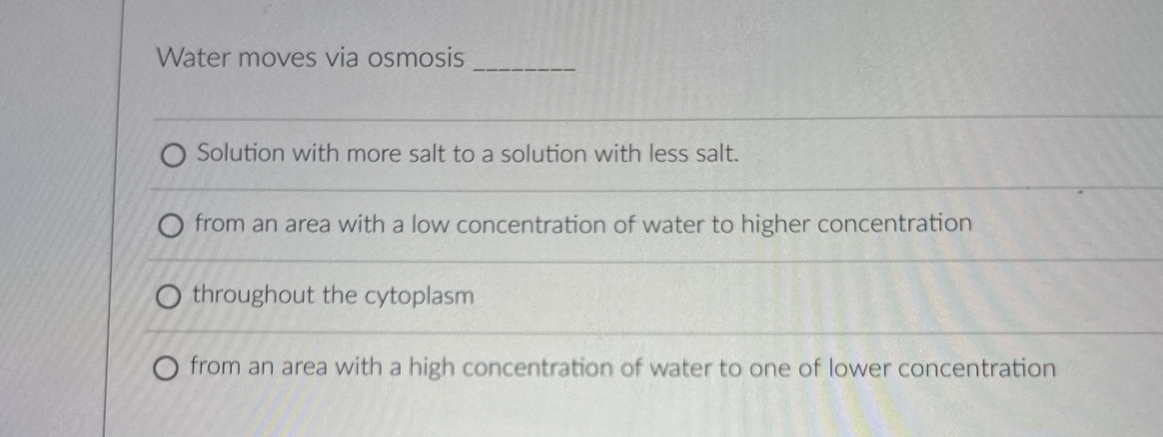 Solved Water moves via osmosis Solution with more salt to a | Chegg.com