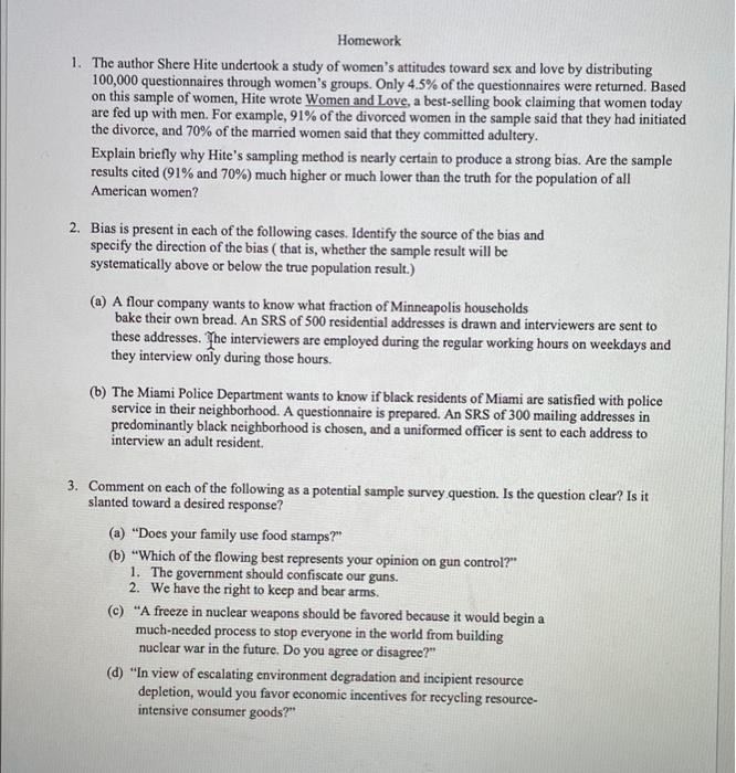 Solved Homework 1. The author Shere Hite undertook a study | Chegg.com