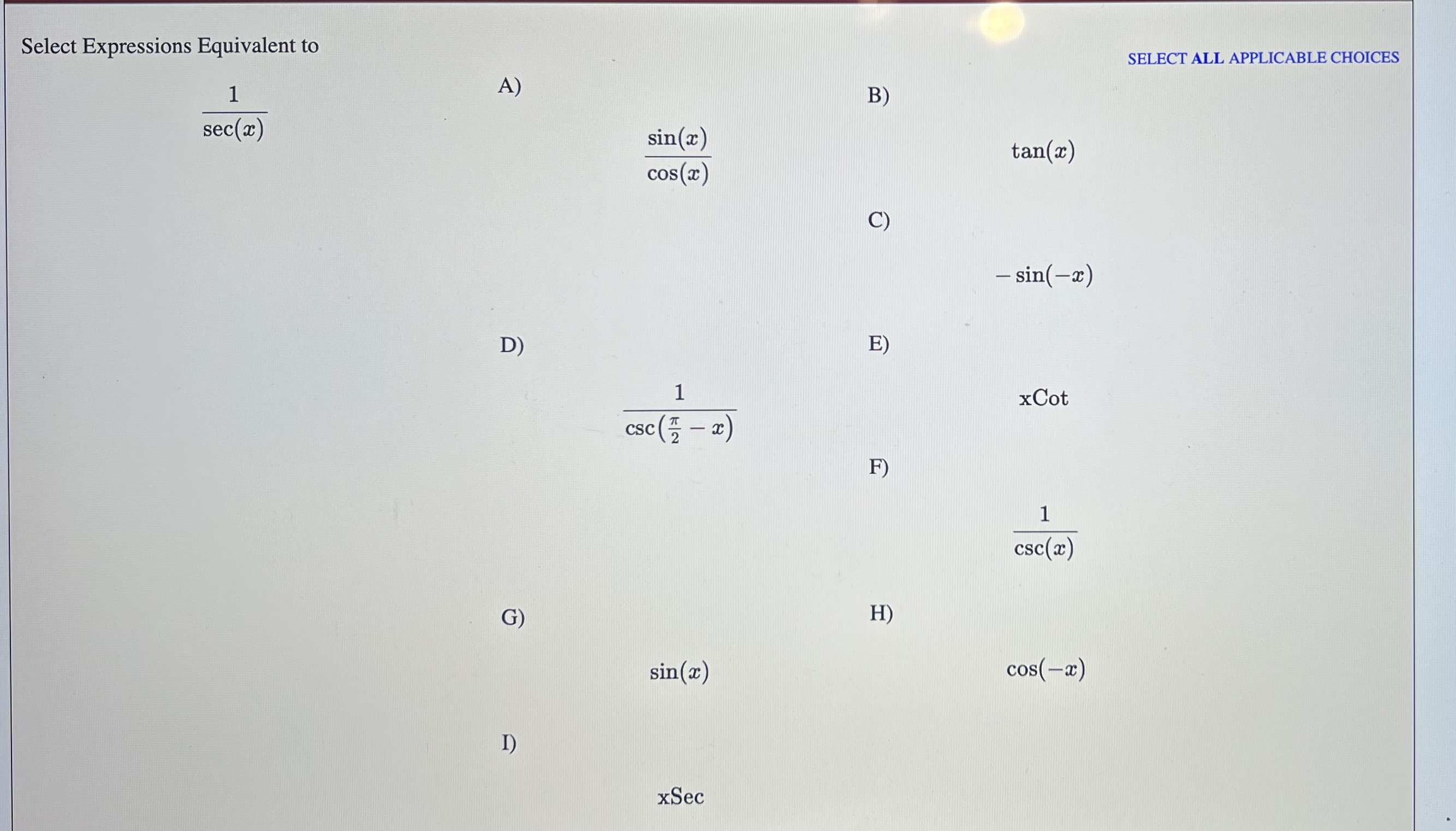 Solved Select Expressions Equivalent toSELECT ALL APPLICABLE | Chegg.com
