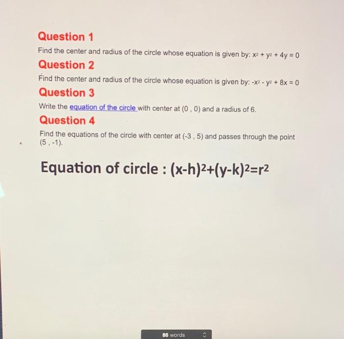 Solved Question 1 Find the center and radius of the circle | Chegg.com