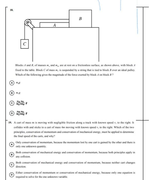 Solved 18. B A с Blocks A and B of masses mand mate at rest | Chegg.com