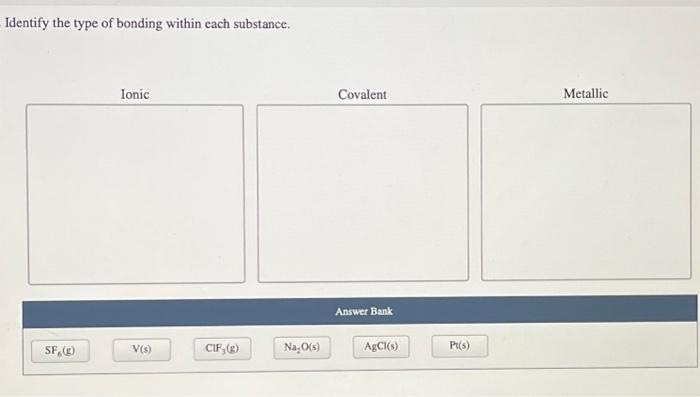 Solved Identify the type of bonding within each substance. | Chegg.com