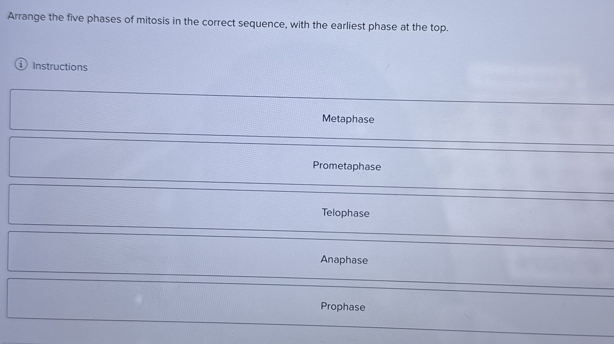 Solved Arrange the five phases of mitosis in the correct | Chegg.com