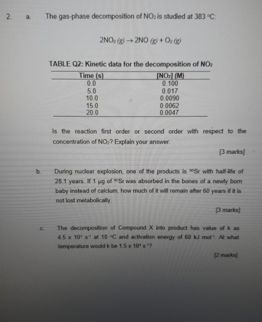 Solved 2. a. The gas-phase decomposition of NO2 is studied | Chegg.com