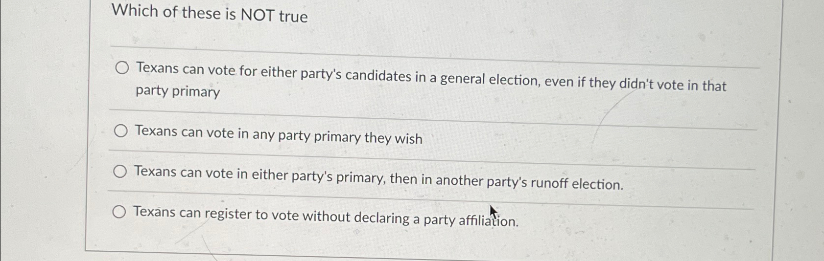 Solved Which of these is NOT trueTexans can vote for either | Chegg.com