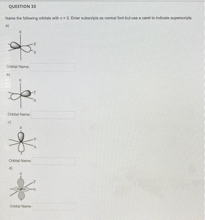 Solved QUESTION 33 Name the following orbitals with n=3. | Chegg.com