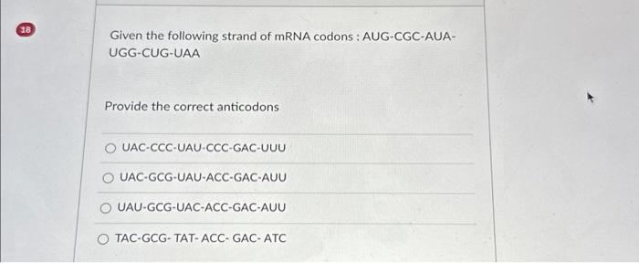 Solved Given the following strand of mRNA codons: | Chegg.com