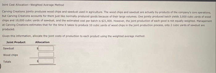 Solved Joint Cost Allocation-Weighted Average Method Carving | Chegg.com