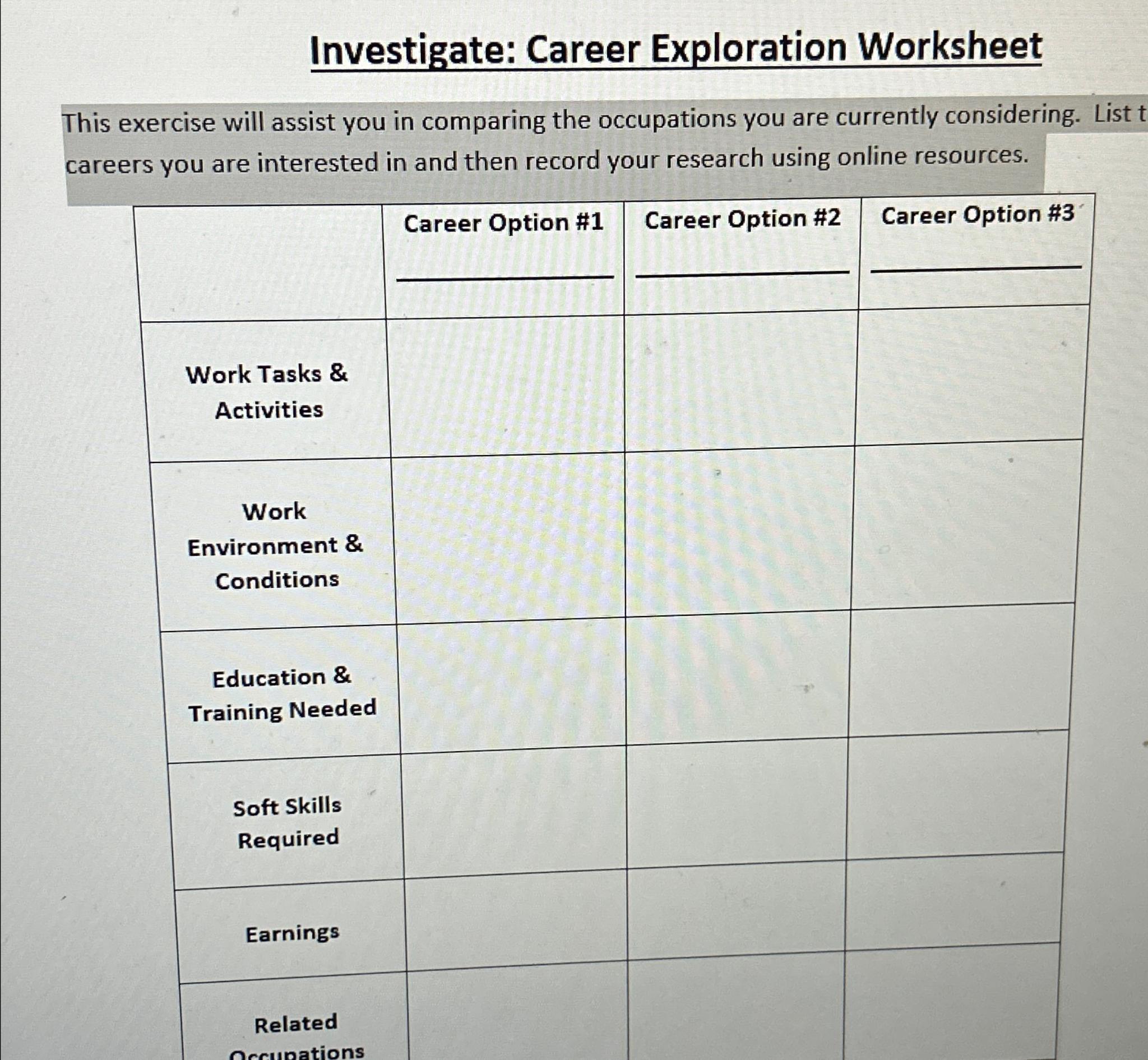 Solved Investigate: Career Exploration WorksheetThis | Chegg.com