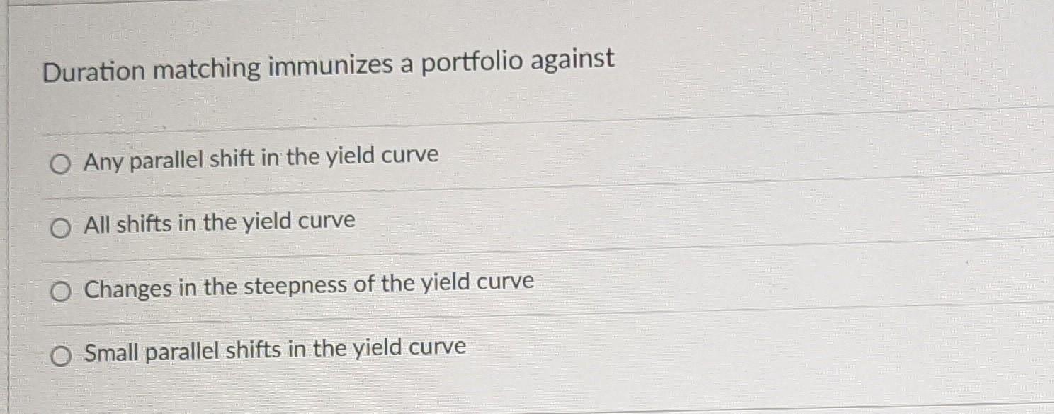 Solved Duration matching immunizes a portfolio against O Any | Chegg.com