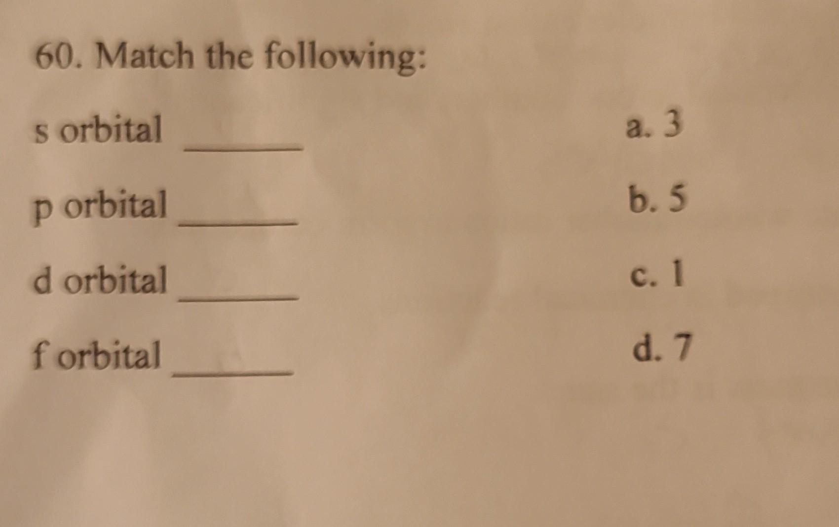 Solved 60. Match the following: s orbital a. 3 p orbital b. | Chegg.com