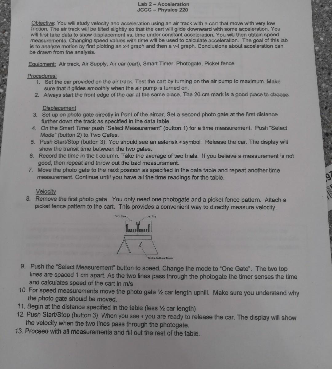 Solved Lab 2 Acceleration Jccc Physics 220 Objective Chegg