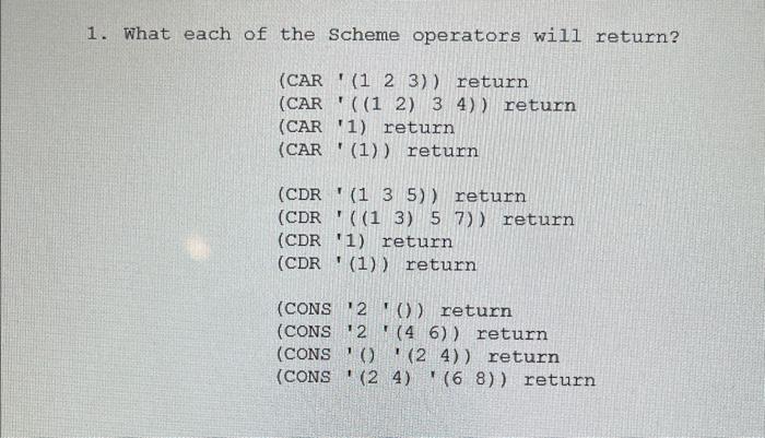 Solved 1. What each of the Scheme operators will return? | Chegg.com
