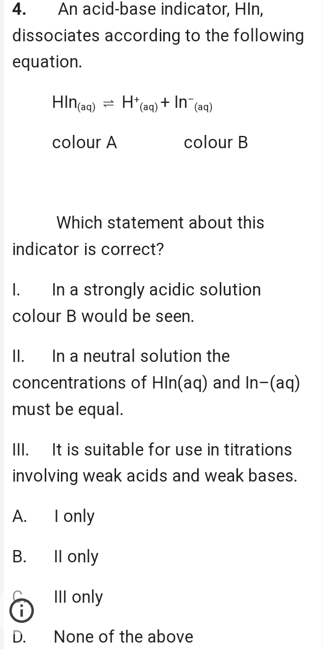 Solved An acid-base indicator, HIn, dissociates according to | Chegg.com