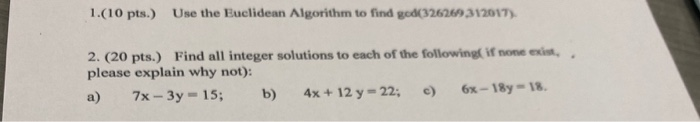 Solved 110 Pts Use The Euclidean Algorithm To Find 0266