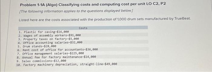 Solved Problem 1-1A (Algo) Classifying costs and computing | Chegg.com
