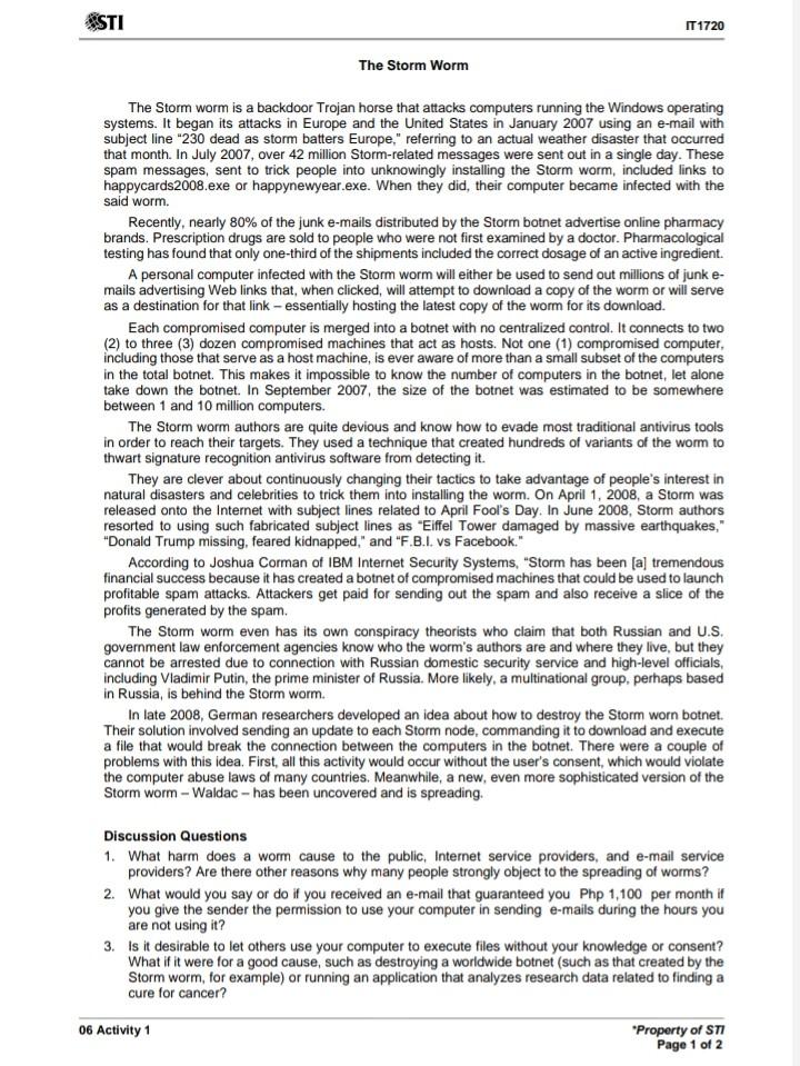 Solved STI IT1720 The Storm Worm The Storm worm is a | Chegg.com