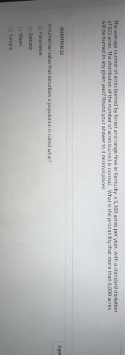 Solved The average number of acres burned by forest and | Chegg.com