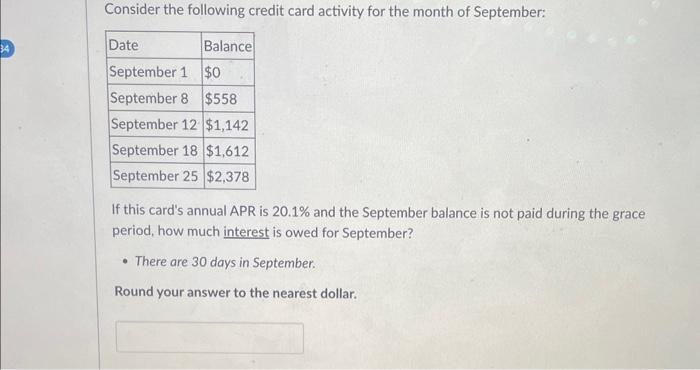 Solved Consider the following credit card activity for the | Chegg.com