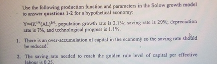 Solved Use the following production function and parameters | Chegg.com