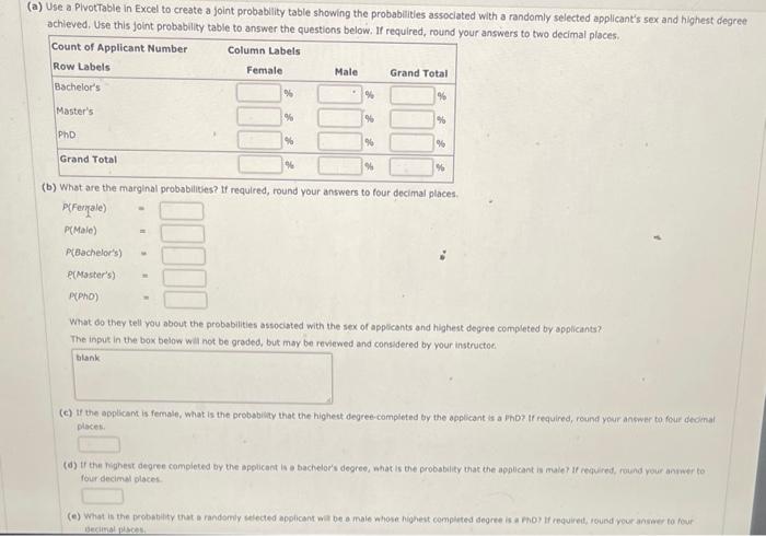 Solved a) Use a PivotTable in Excel to create a joint | Chegg.com