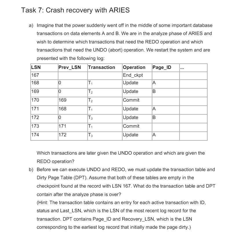 Solved Task 7: Crash recovery with ARIESa) ﻿Imagine that the | Chegg.com