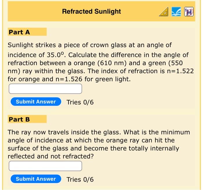 Solved Refracted Sunlight Part A Sunlight strikes a piece of | Chegg.com