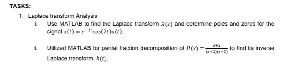 TASKS:Laplace transform Analysisi. ﻿Use MATLAB to | Chegg.com
