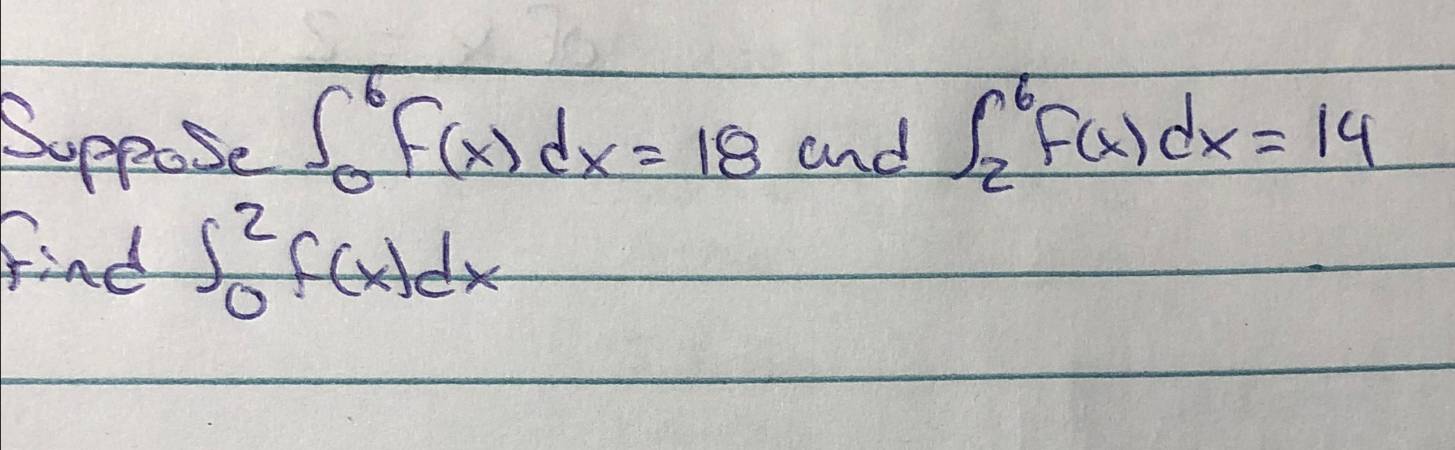 Solved Suppose ∫06f(x)dx=18 ﻿and ∫26f(x)dx=14 ﻿find | Chegg.com
