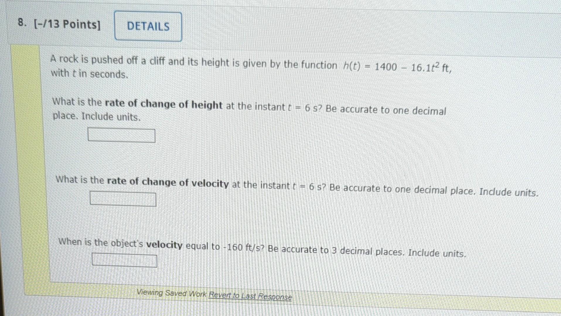 Solved A rock is pushed off a cliff and its height is given | Chegg.com
