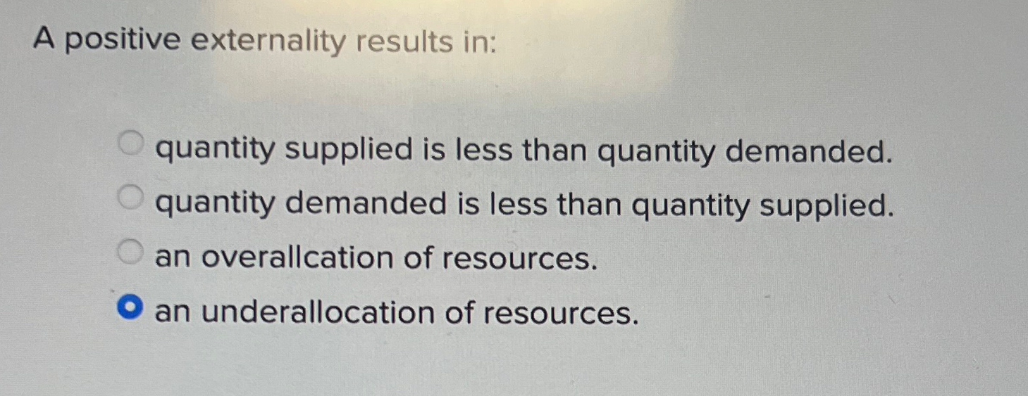 Solved A positive externality results in:quantity supplied | Chegg.com